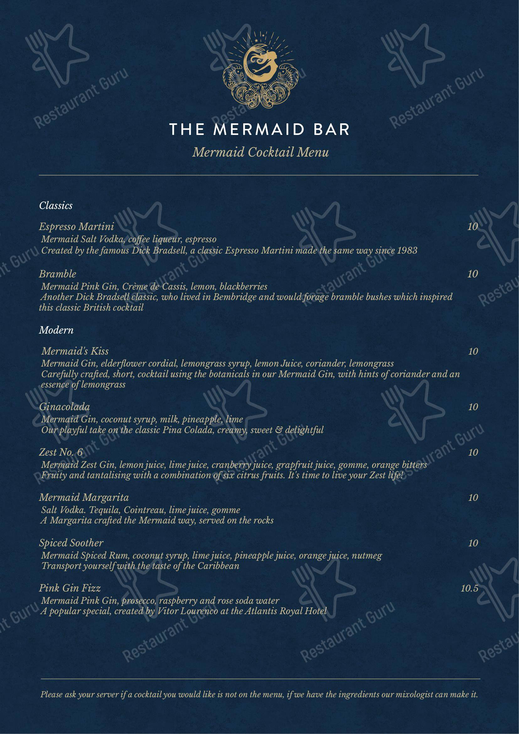 Menu at The Mermaid Bar at the Isle of Wight Distillery, Ryde