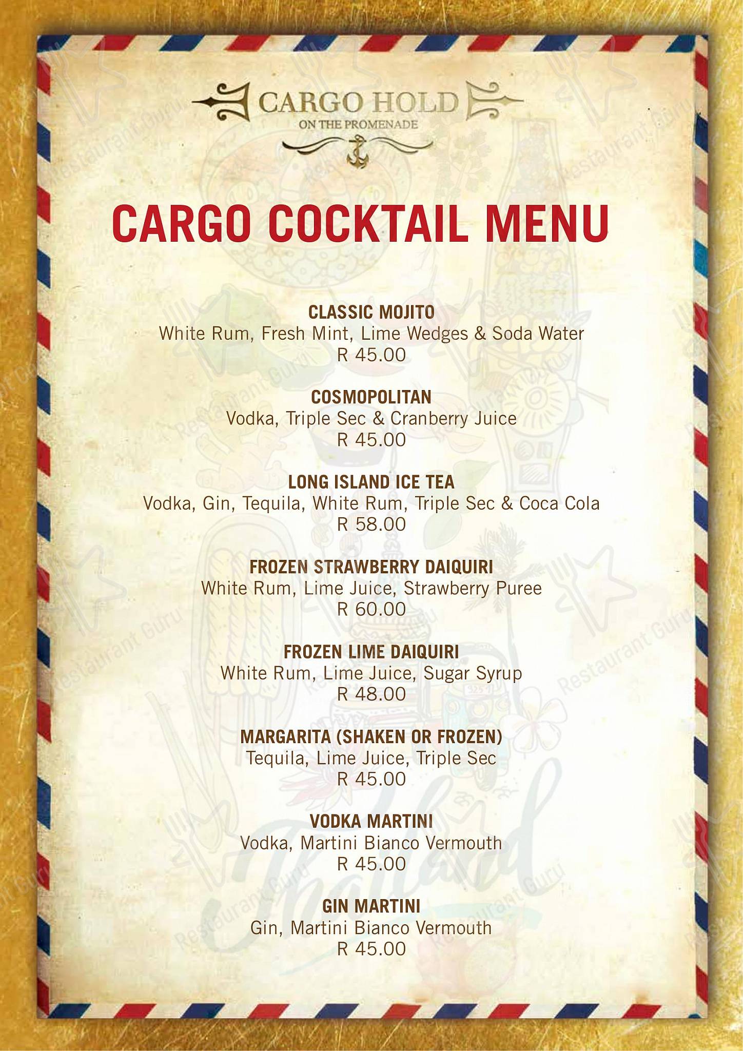 Menu at Cargo Hold Restaurant, Durban