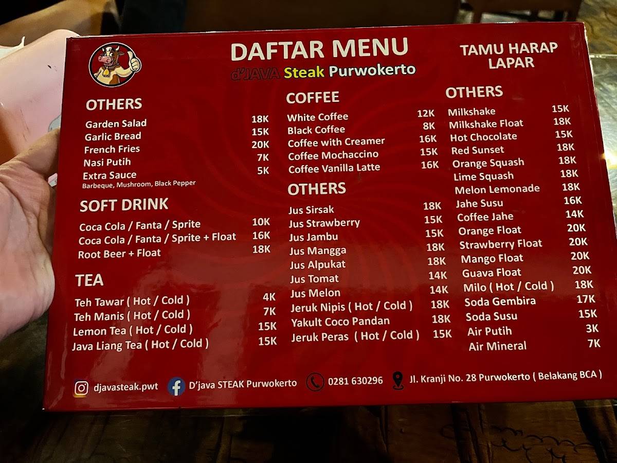 Menu at d'Java Steak steakhouse, Purwokerto, Jl. Kranji No. 28