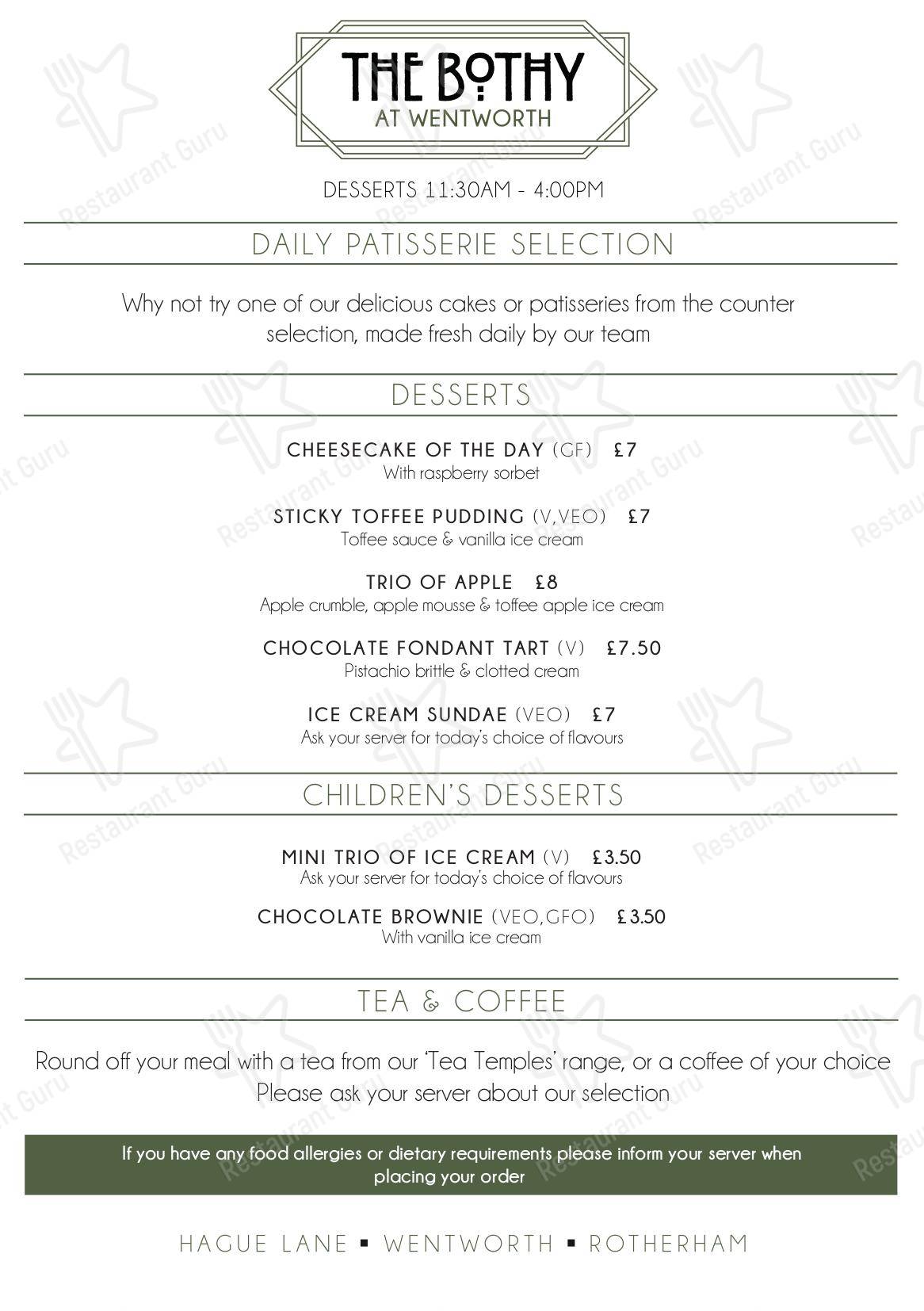 Menu at The Bothy restaurant, Rotherham