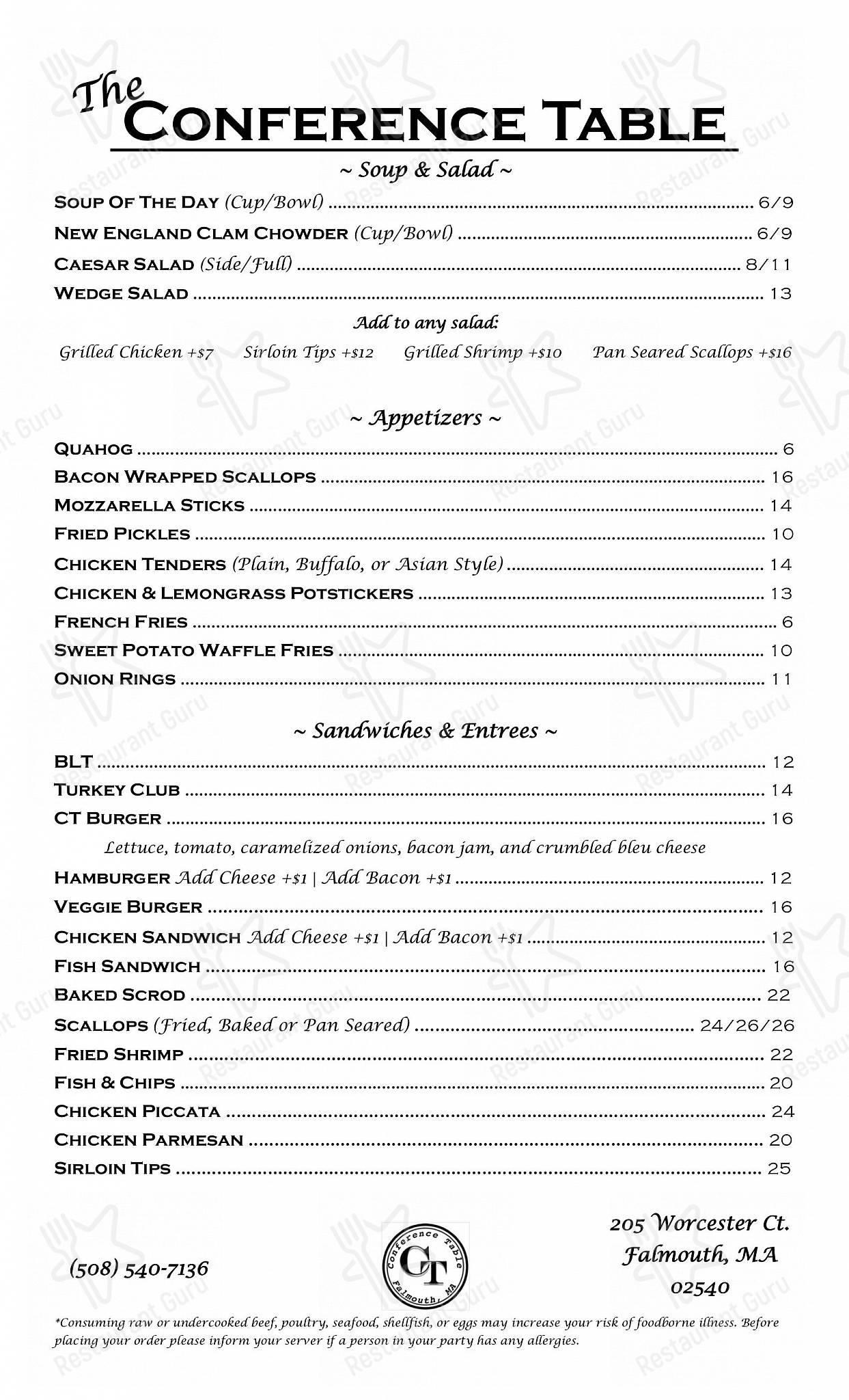 Menu at Conference Table restaurant, Falmouth