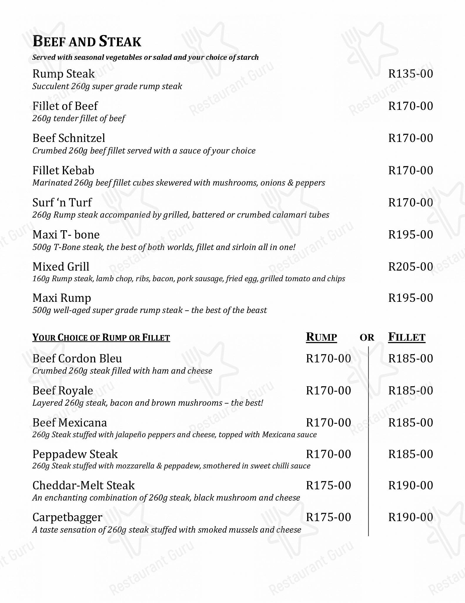 Menu at Guinea Fowl Restaurant, Ladysmith