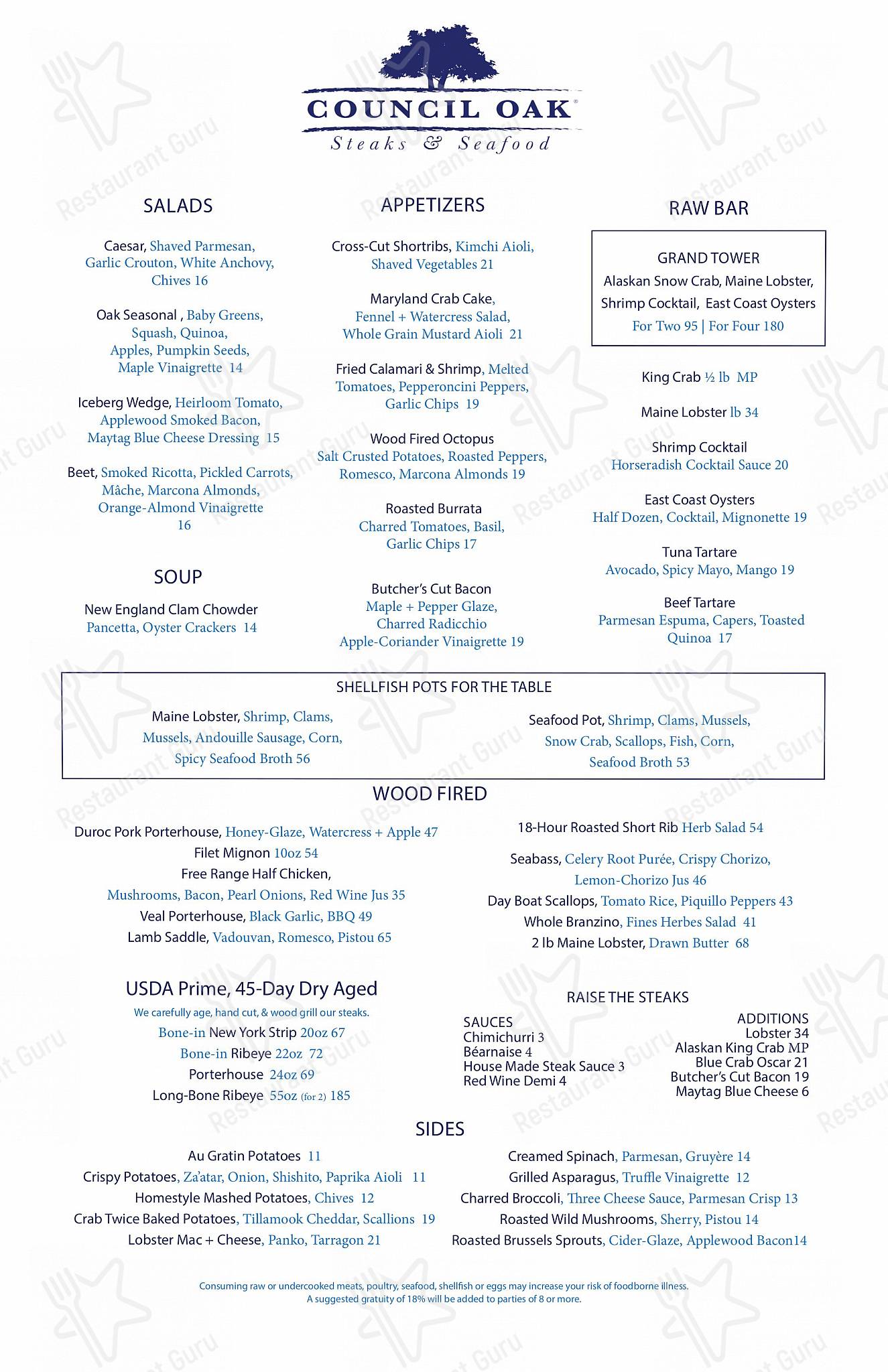 Menu at Council Oak Steaks & Seafood pub & bar, Atlantic City