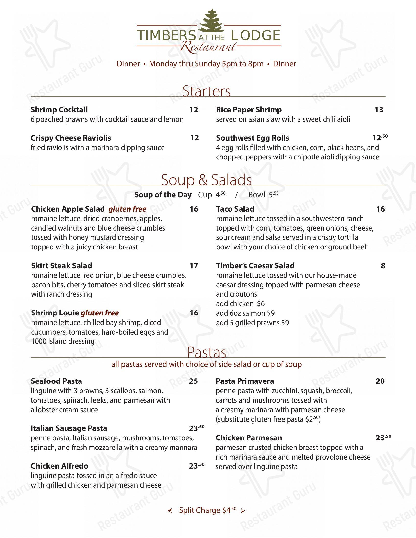 Menu at Timbers At the Lodge restaurant, Roseville