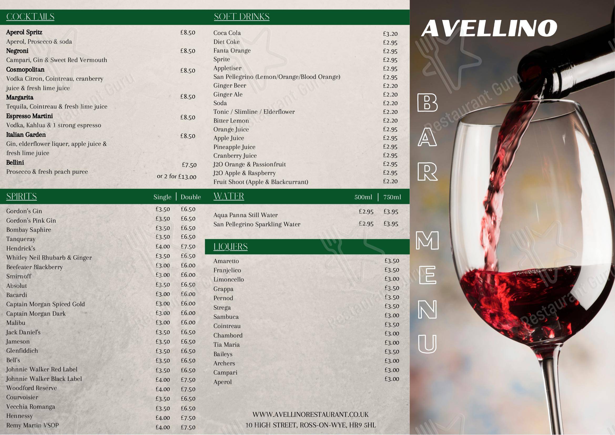Menu at Avellino Italian Restaurant, Ross-on-Wye