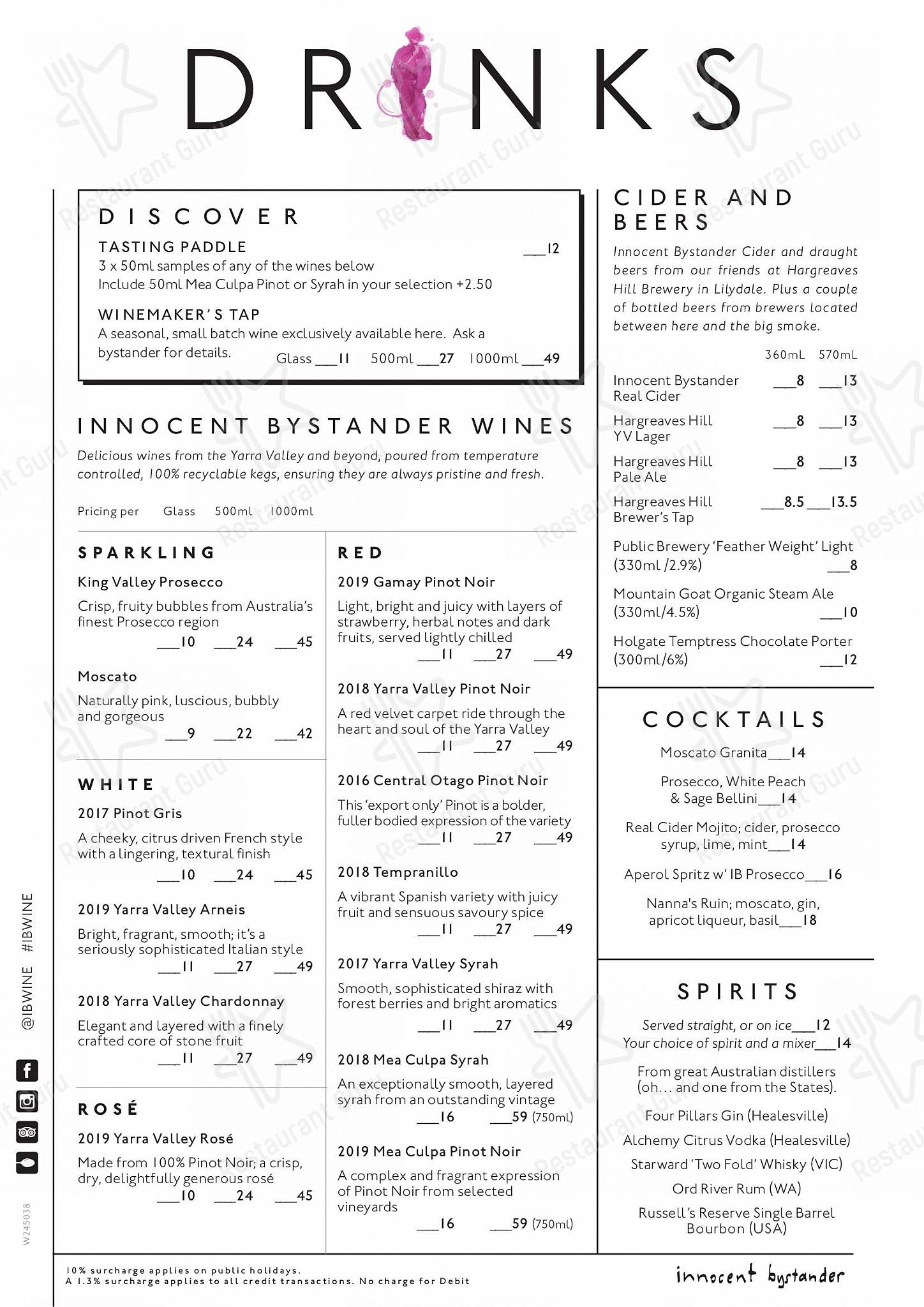 Menu at Innocent Bystander pub & bar, Healesville, 316-334 Maroondah Hwy