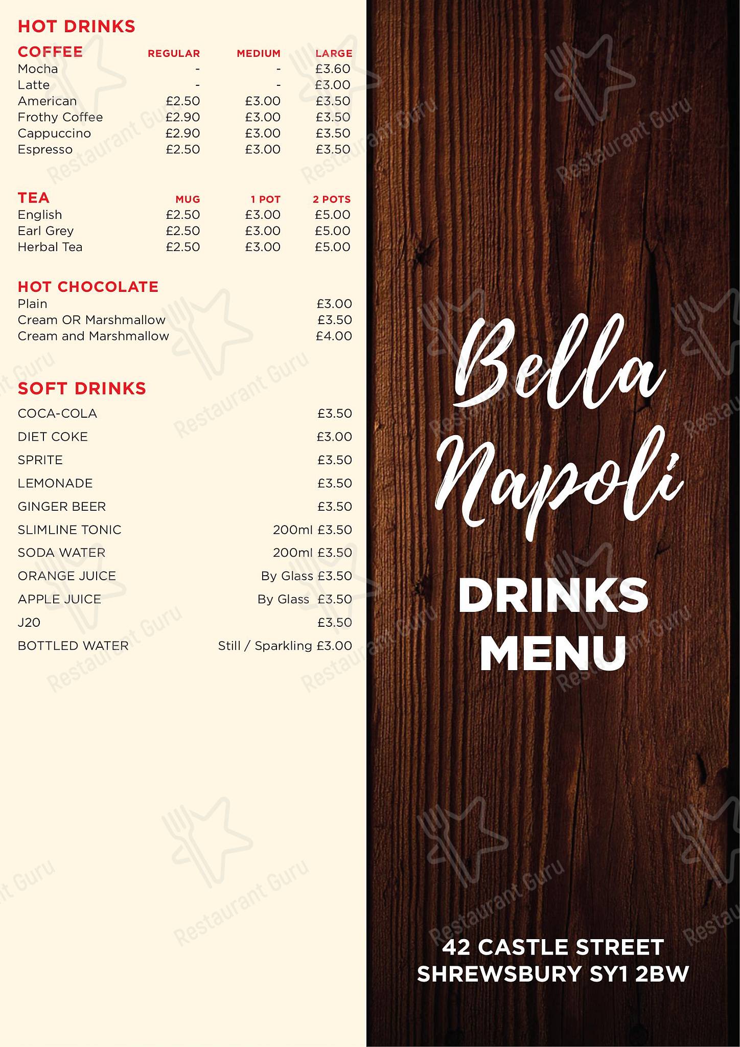 Menu at Bella Napoli restaurant, Shrewsbury
