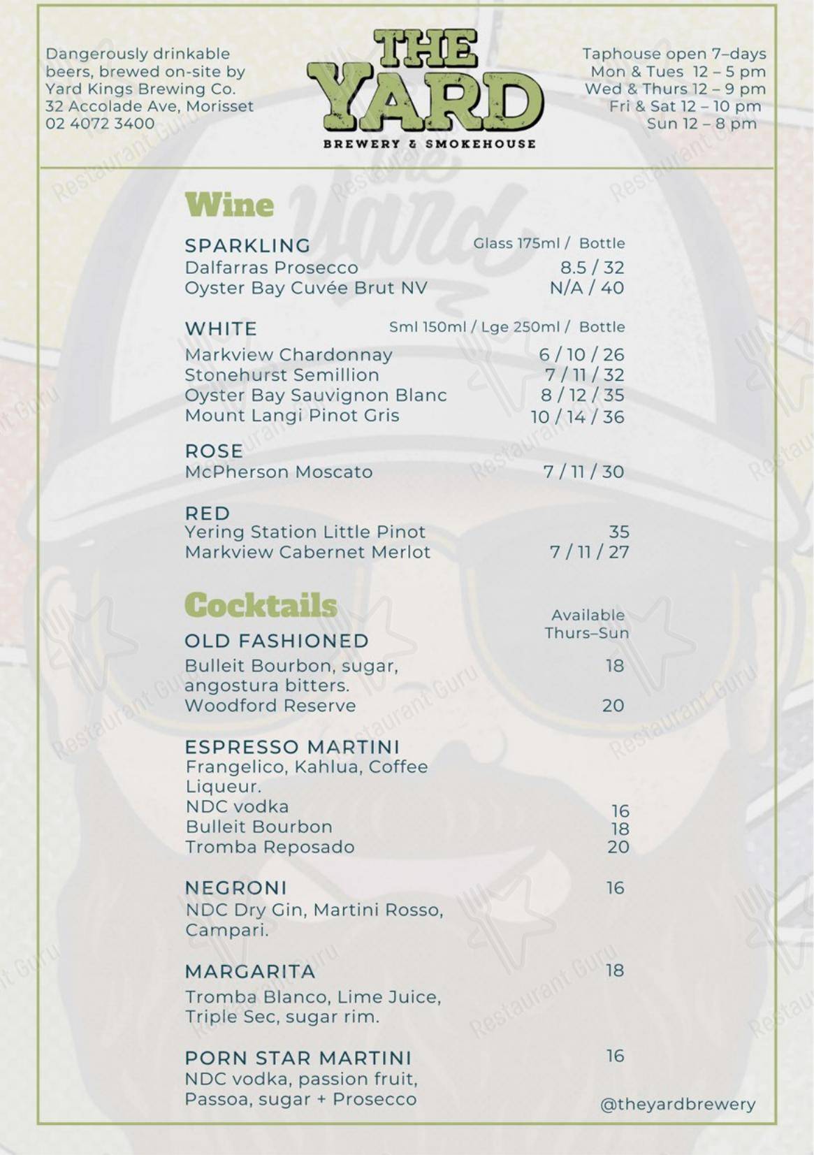 Menu at The Yard Cafe and Smokehouse, Morisset