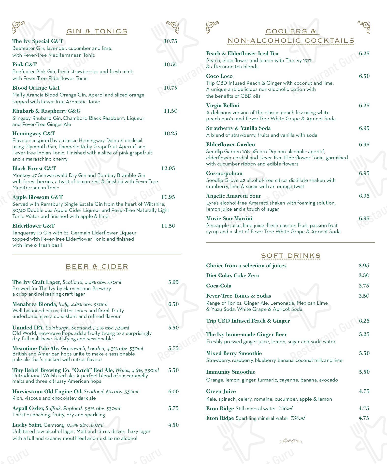 Menu at The Ivy Cardiff restaurant, Cardiff