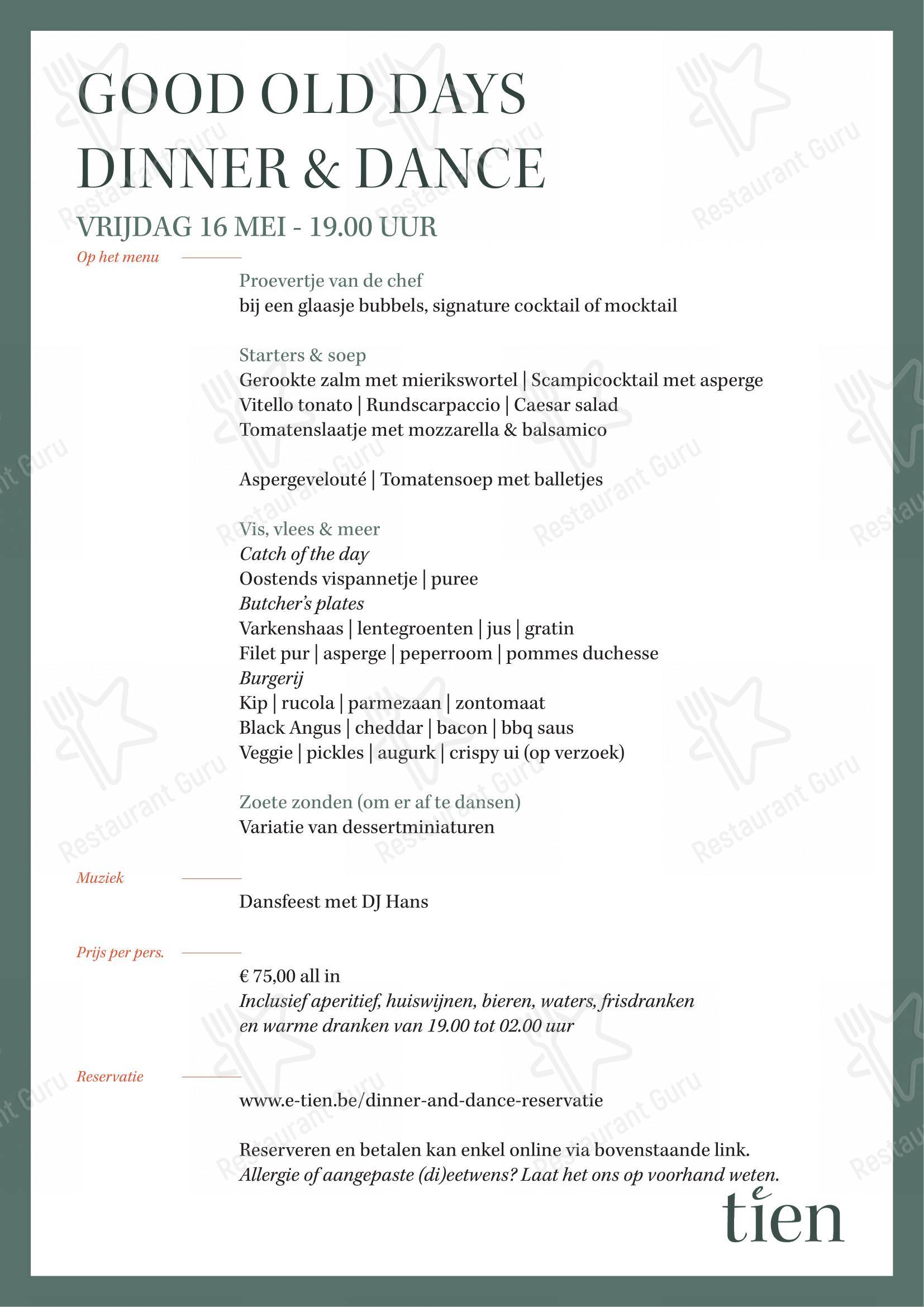 Menu at e Tien restaurant, Brecht