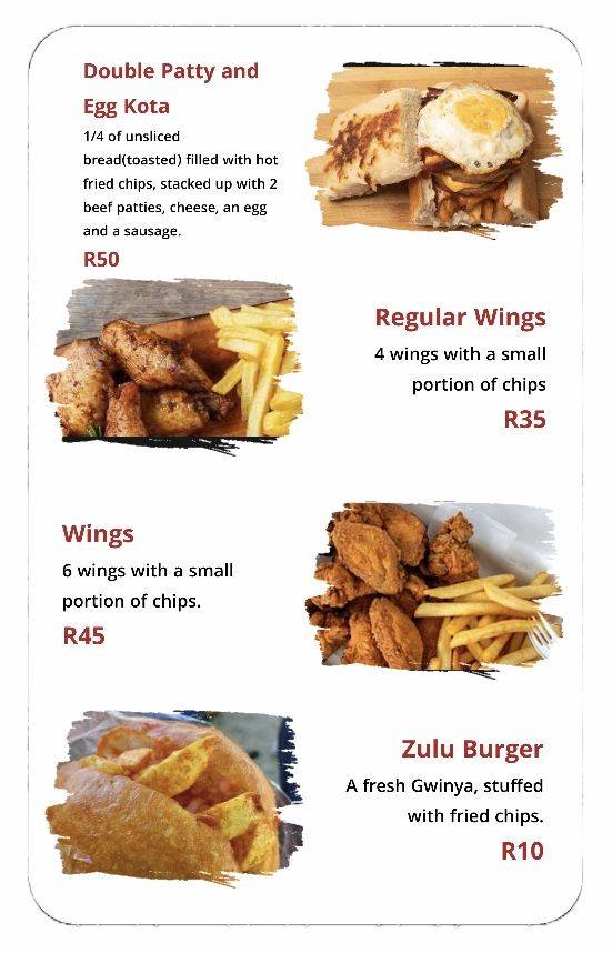 Speisekarte von eKasi style fast food, Durban