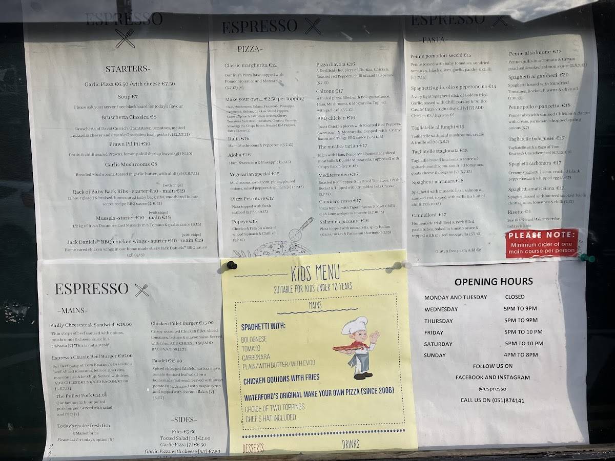 Menu at espresso restaurant, Waterford
