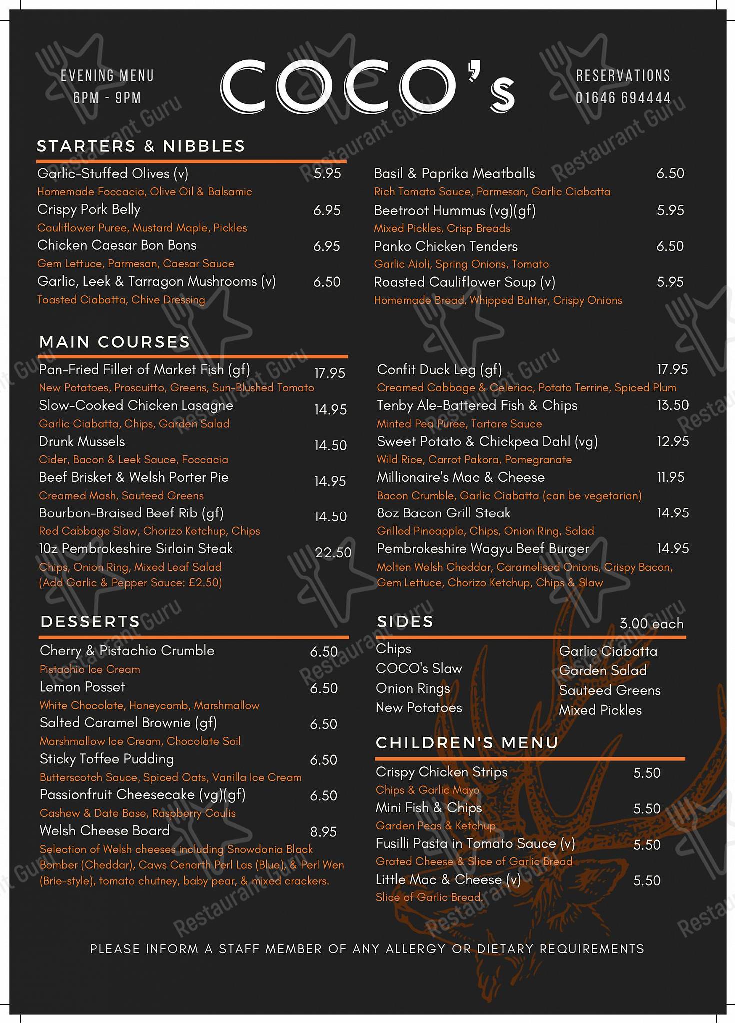 Menu at Coco's pub & bar, Milford Haven