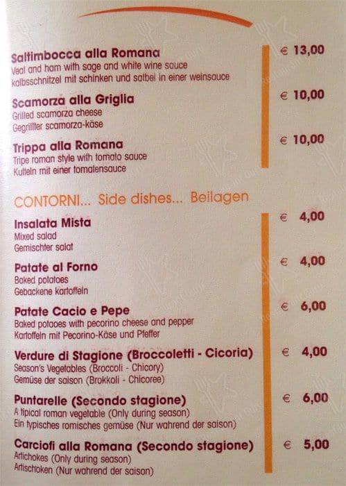 Menu at Antica Hostaria Romanesca restaurant, Rome