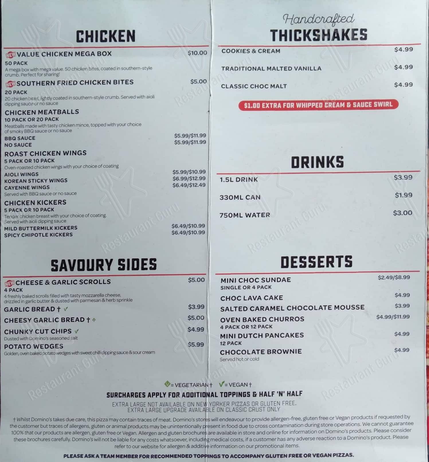 Menu at Domino's Pizza Ponsonby pizzeria, Auckland, Cider Building