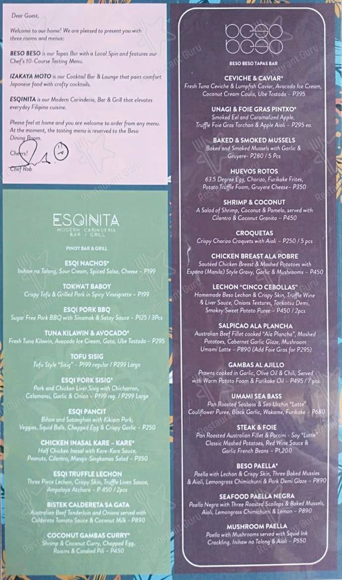 Menu at Beso Beso restaurant, Makati, Guanzon