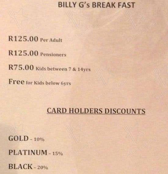 Menu at Billy G at Silverstar restaurant, Krugersdorp, Silverstar Casino