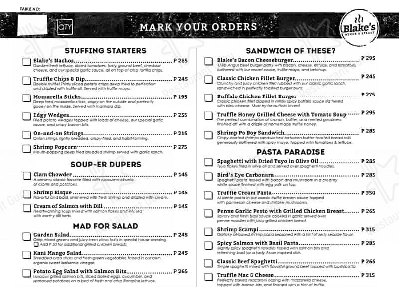 Menu at Blake's Wings & Steaks - BGC restaurant, Taguig