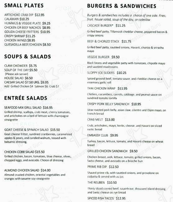 Menu at Cascades Grille restaurant, Bellevue