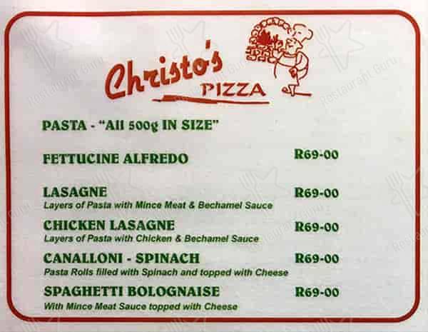 Menu at Christo's Pizza, Johannesburg South, Cache Centre