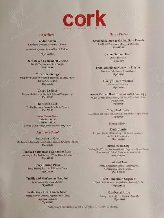Menu at Cork Wine Bar and Shop, Taguig