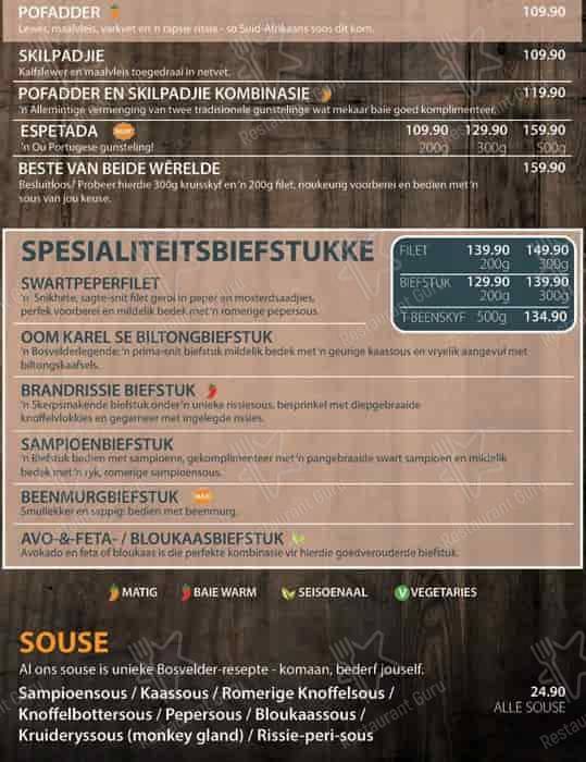 Menu at Bosvelder Pub & Restaurant, Centurion