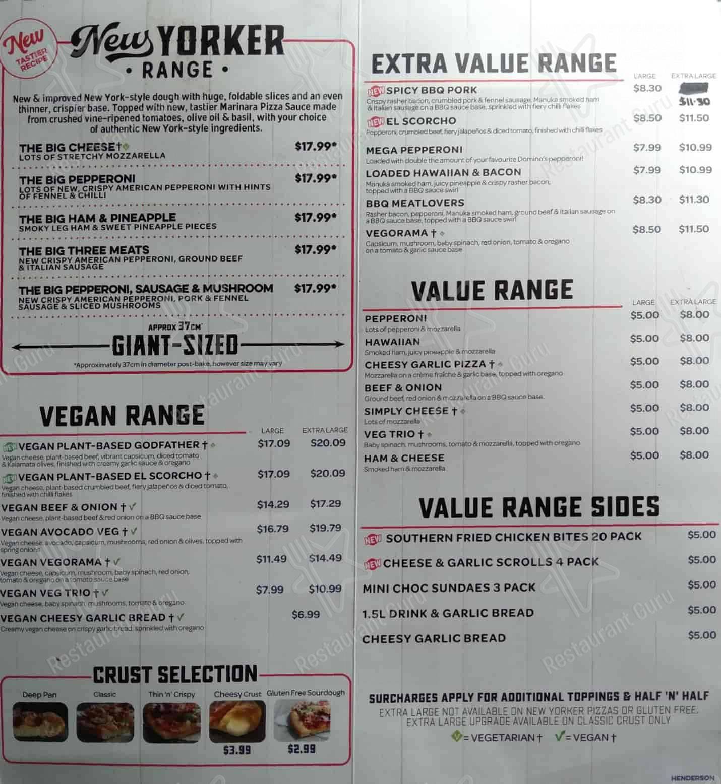 Menu at Domino's Pizza Ponsonby pizzeria, Auckland, Cider Building