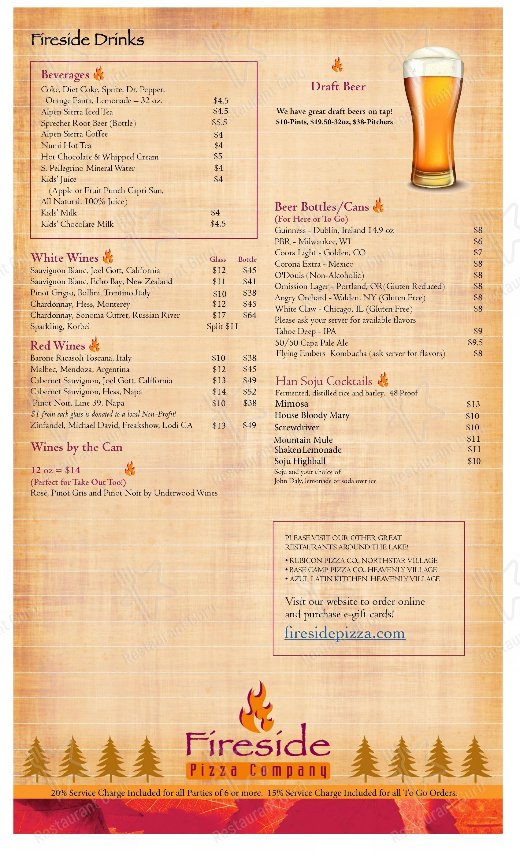 Menu at Fireside Pizza Company pub & bar, Olympic Valley