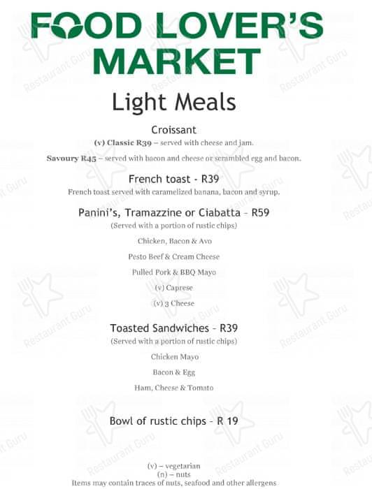 Menu at Food Lover's Market Tokai cafe, Cape Town, Shop 5