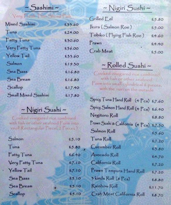 Menu at Hanako restaurant, Watford