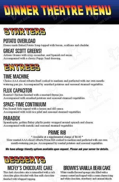 Menu at Jubilations Dinner Theatre restaurant, Calgary