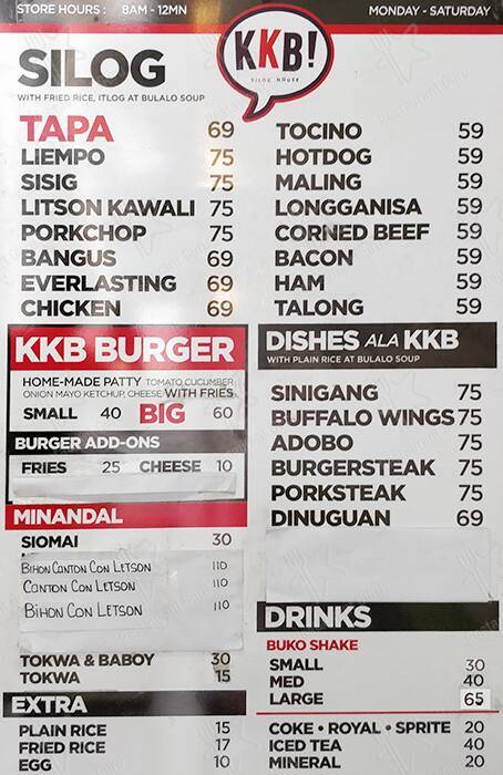 Menu at KKB Silog House restaurant, Marikina