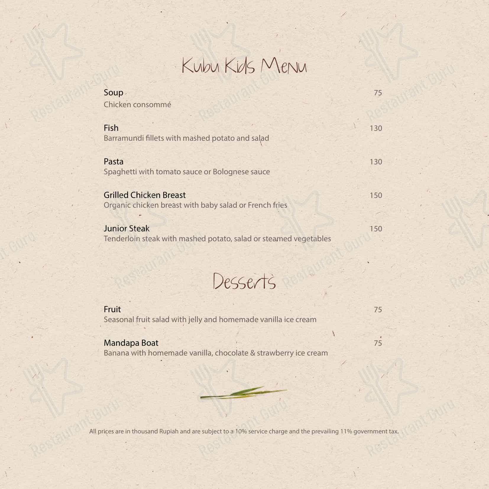 Menu at Kubu at Mandapa restaurant, Ubud