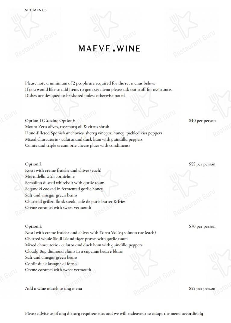 Menu at Maeve restaurant, South Brisbane