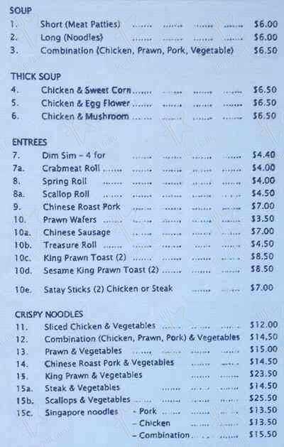 Menu at Ming Wah Restaurant, Melton