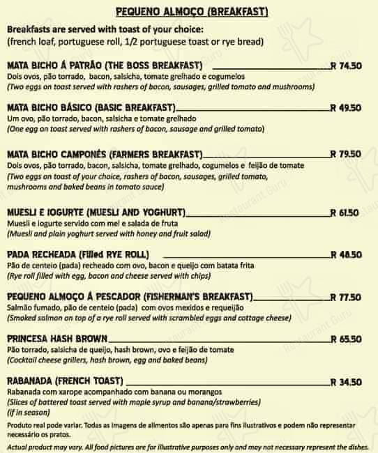 Menu at Pastelaria Princesa Kensington restaurant, Johannesburg