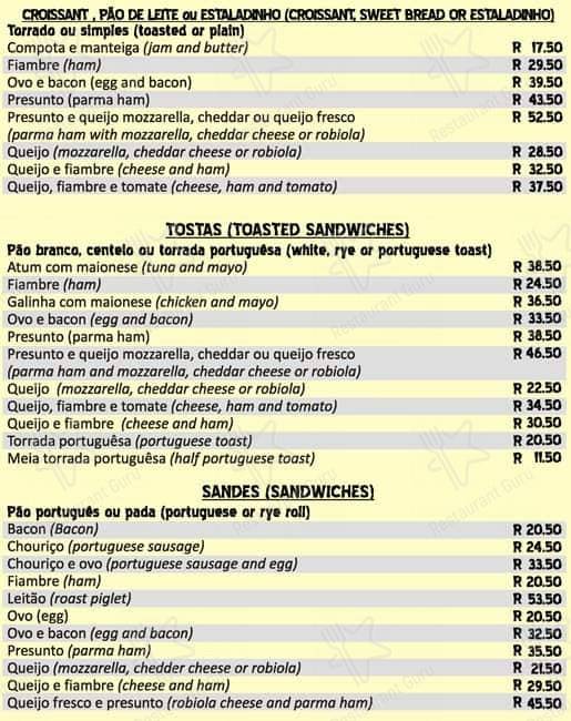 Menu at Pastelaria Princesa Kensington restaurant, Johannesburg