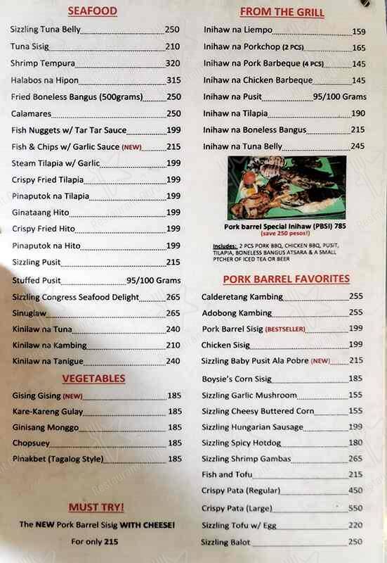 Menu at Pork Barrel - Kalayaan, Quezon City, 92 Kalayaan Ave