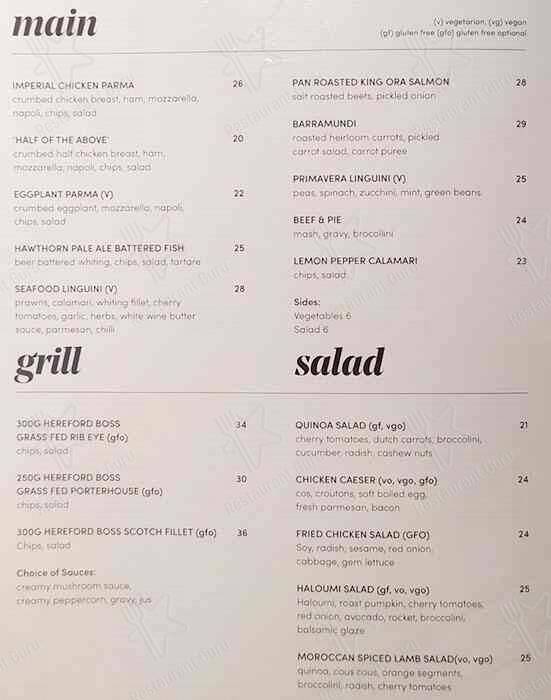 Menu at Imperial Hotel pub & bar, Melbourne, 2-8 Bourke St