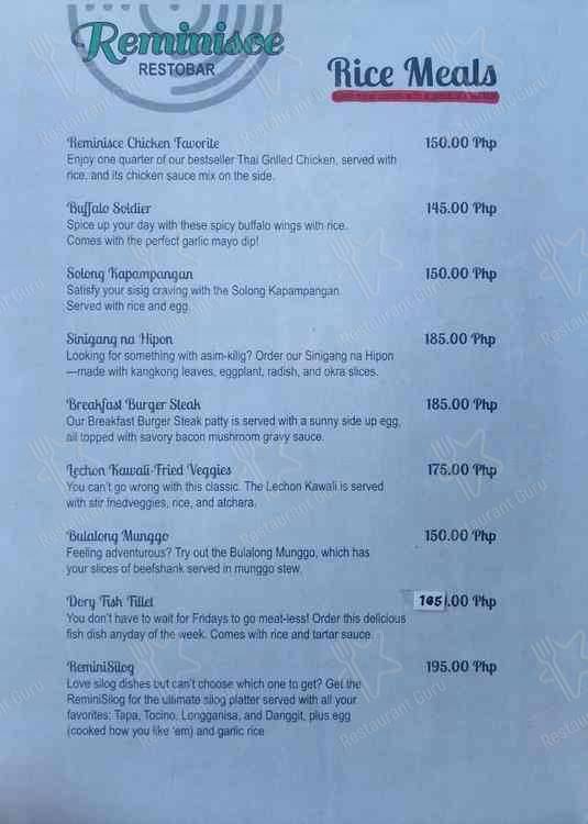 Menu at Reminisce Restobar, Marikina