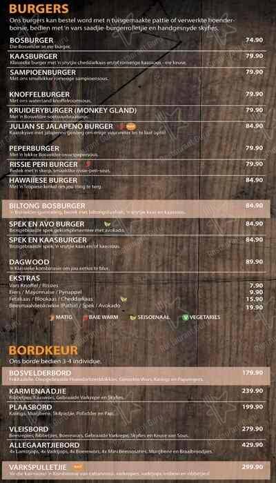 Menu at Bosvelder Pub & Restaurant, Centurion