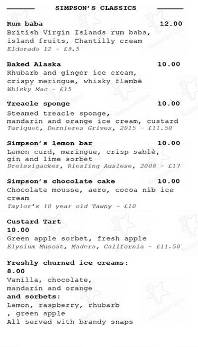 Menu at Simpson's in the Strand restaurant, London