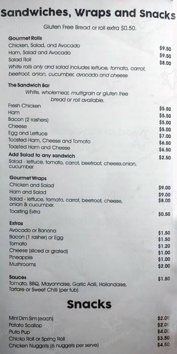 Menu at Scoopy's Family cafe, Bongaree