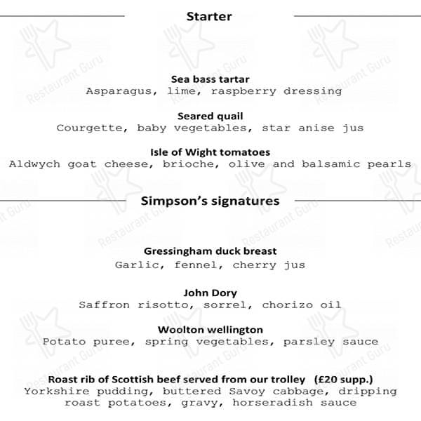Menu at Simpson's in the Strand restaurant, London