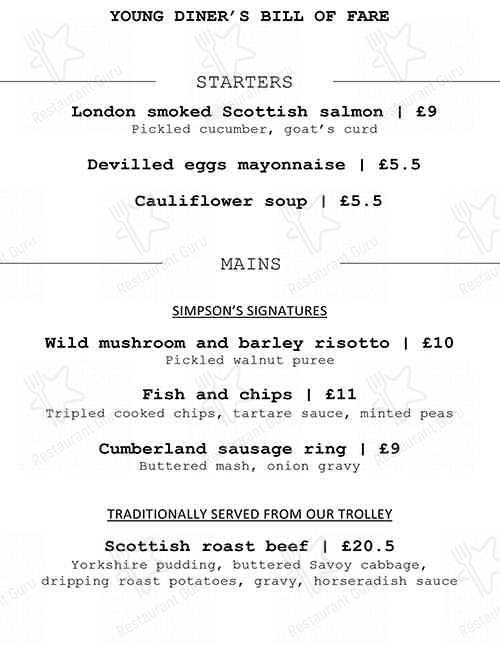 Menu at Simpson's in the Strand restaurant, London