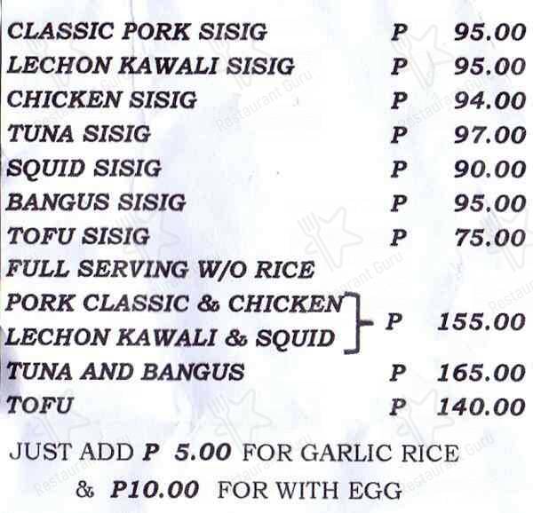 Menu at Sisig Bar, Muntinlupa