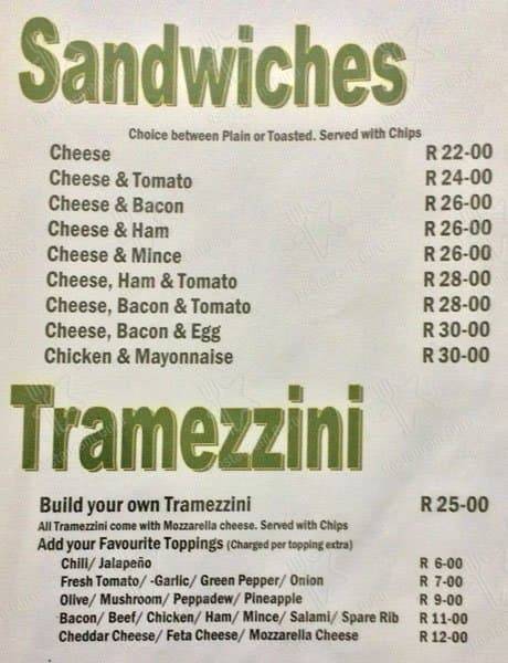 Menu at Springbok Bar, Pretoria, 495 Hilda St
