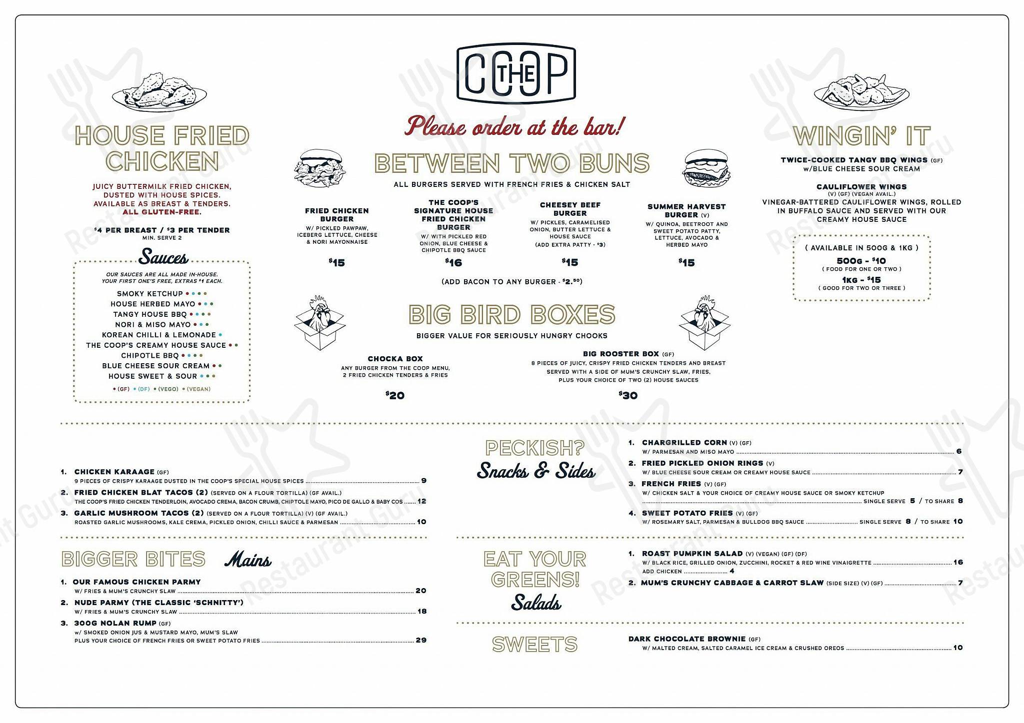 Menu at The Coop Bistro pub & bar, Brisbane City