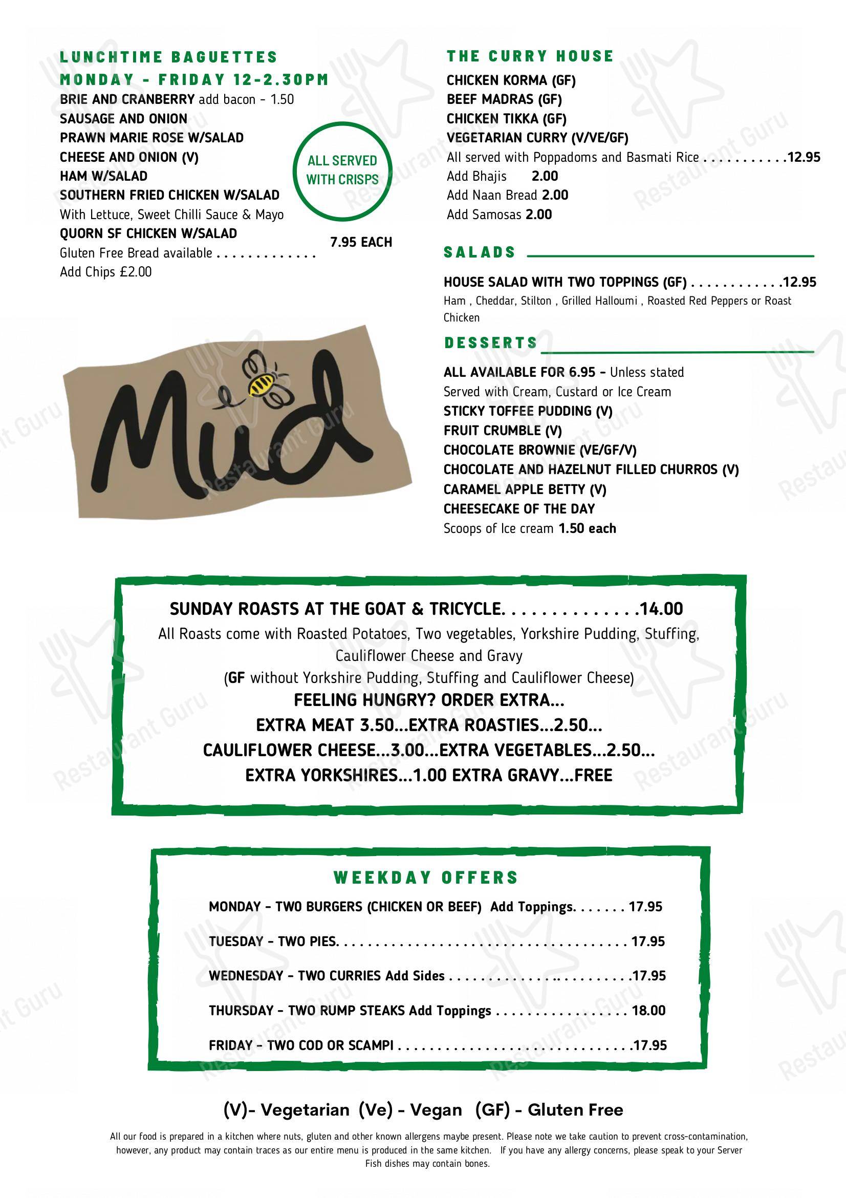 Menu at The Goat and Tricycle pub & bar, Bournemouth