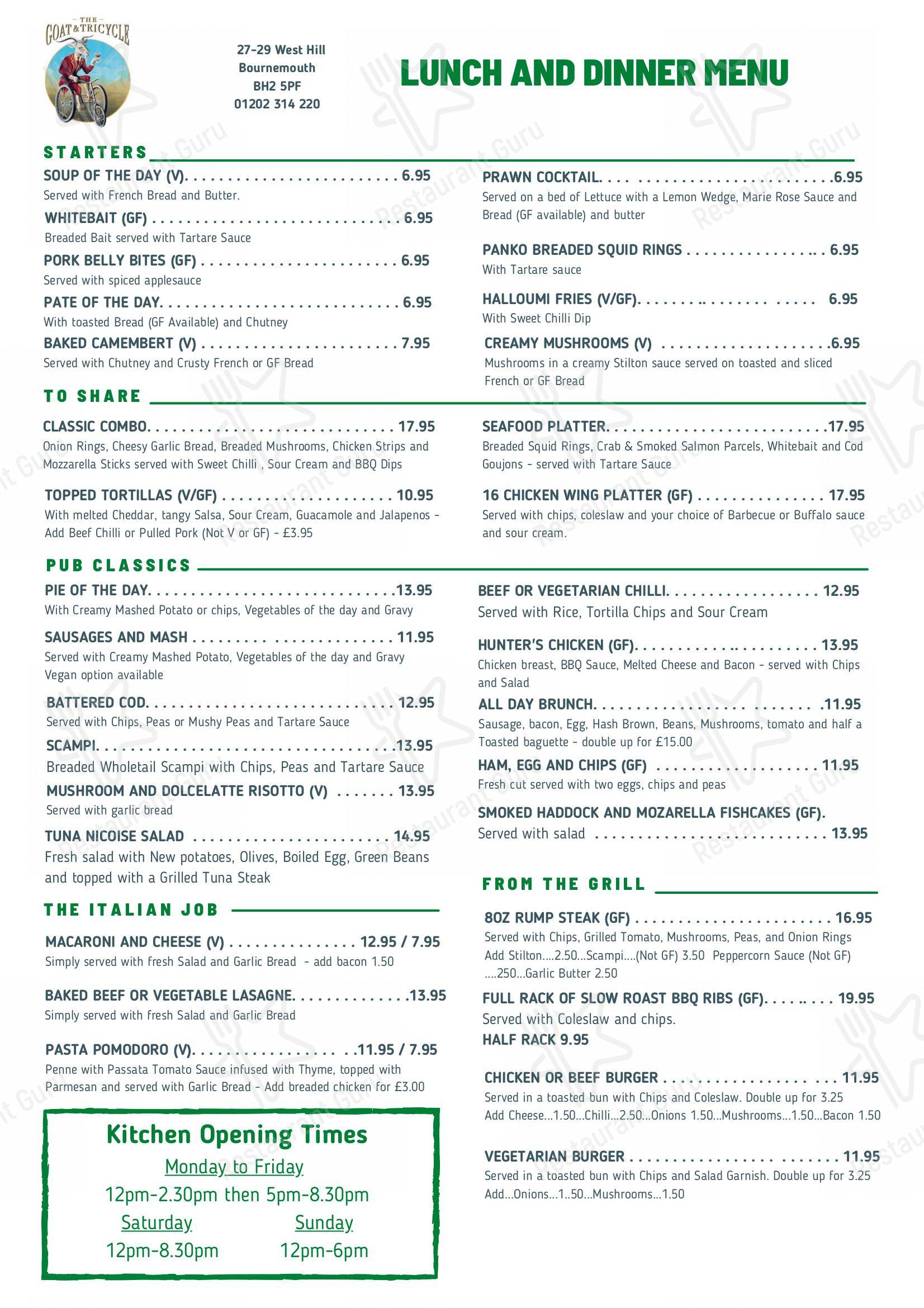 Menu at The Goat and Tricycle pub & bar, Bournemouth